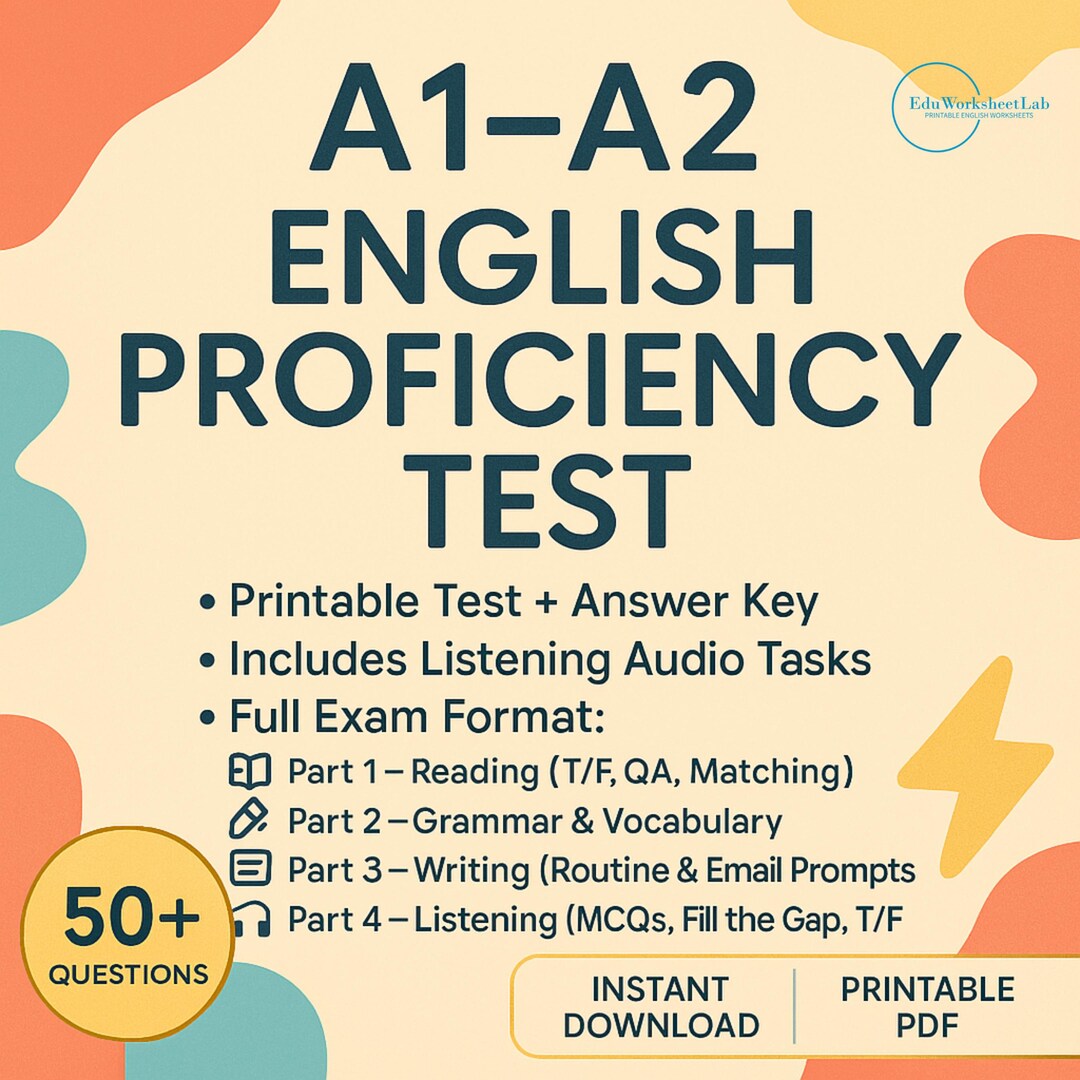 English Proficiency Exam A1–A2 + MP3 Listening (printable ESL Test ...