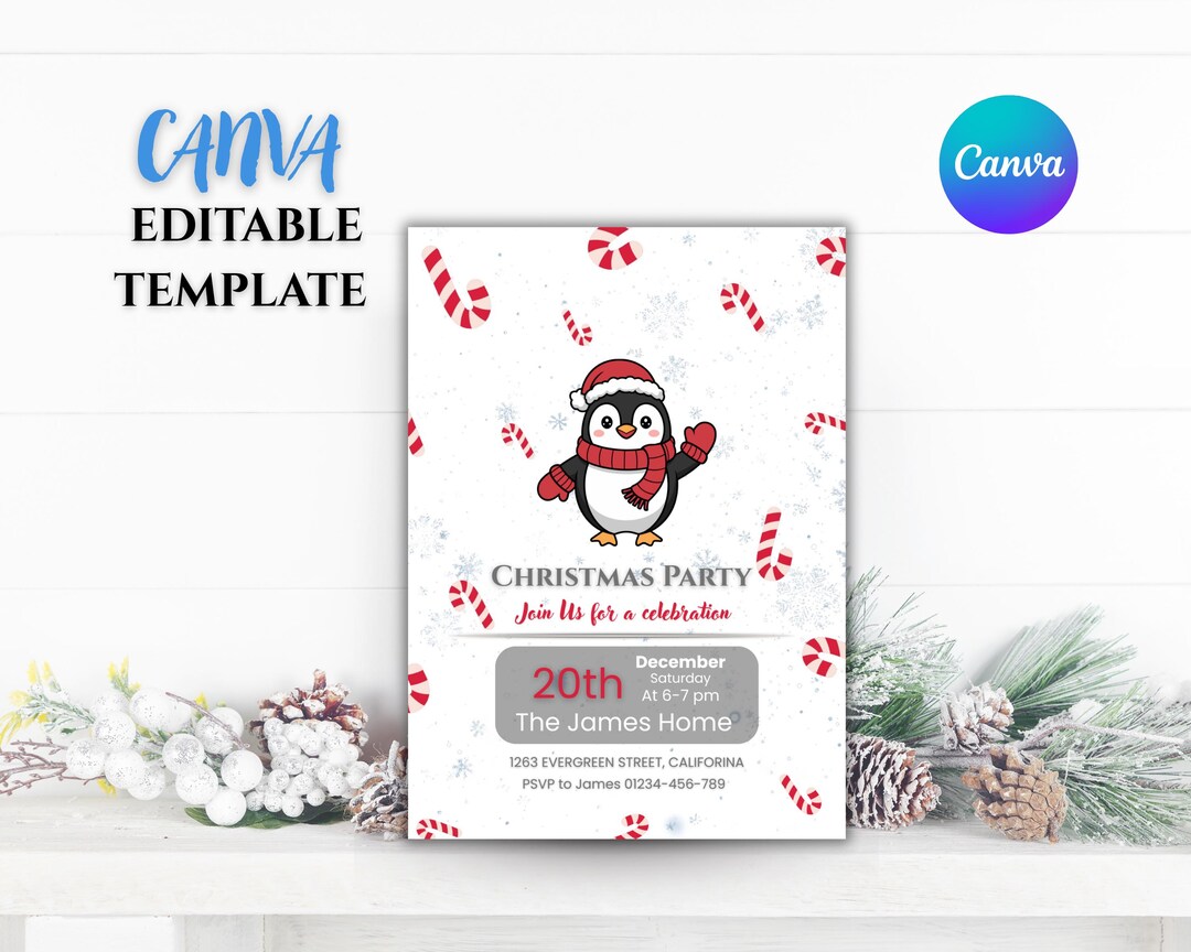Santa Penguin Christmas Party Invitation, Editable Canva Template ...