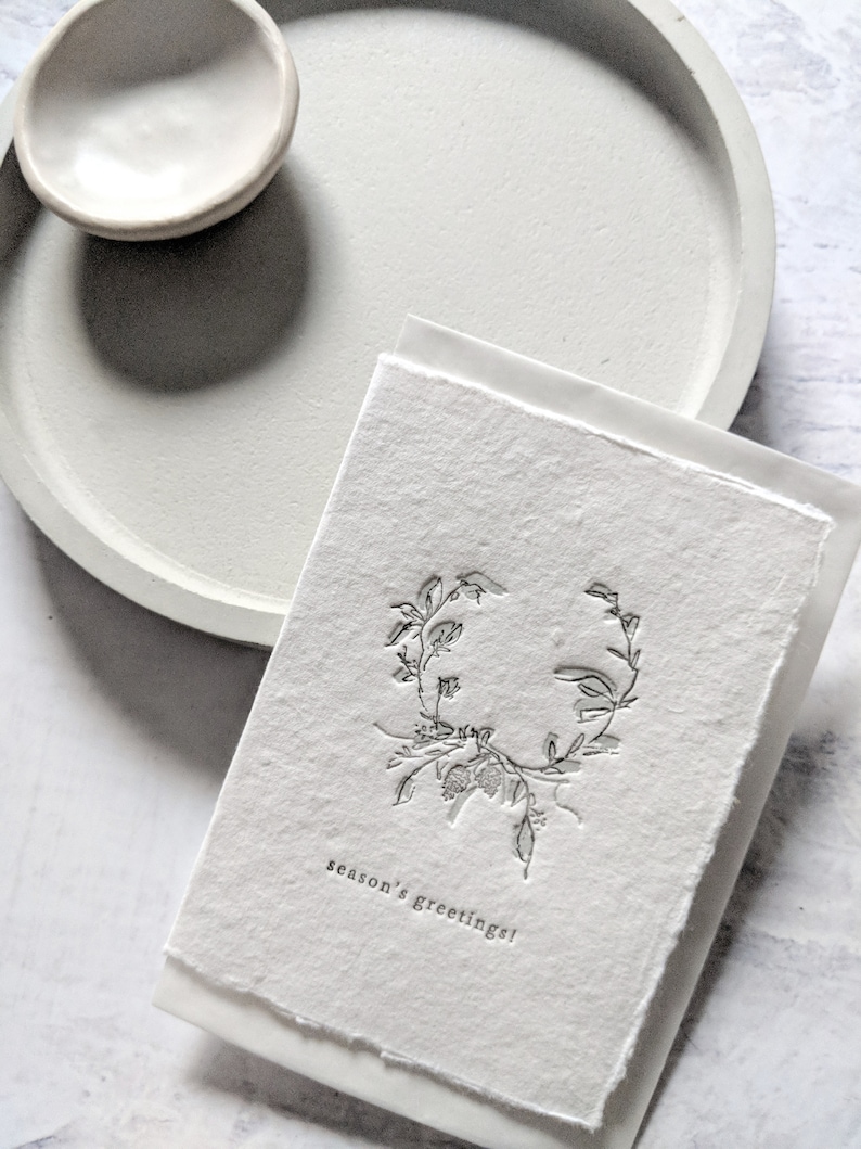 Season's Greetings Wreath, Letterpress Mini Card on Handmade Paper - Etsy