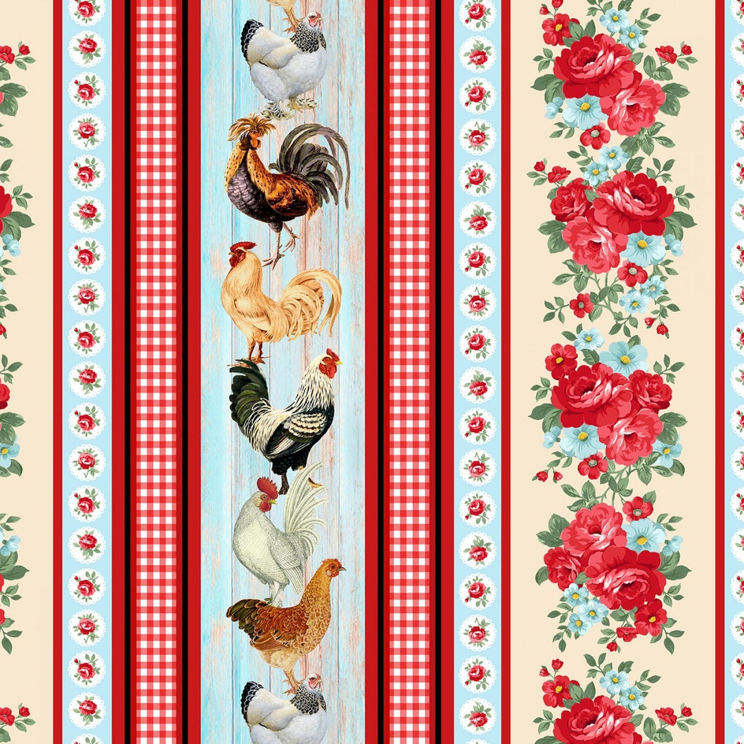 Timeless Treasures Farm Fresh Multi Chickens & Roses Stripe Fabric - 1 ...