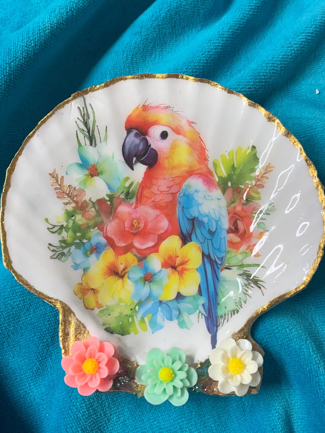 Decorative Scallop Shell Tropical Parrot Art Trinket Bowl, Gift, Home ...