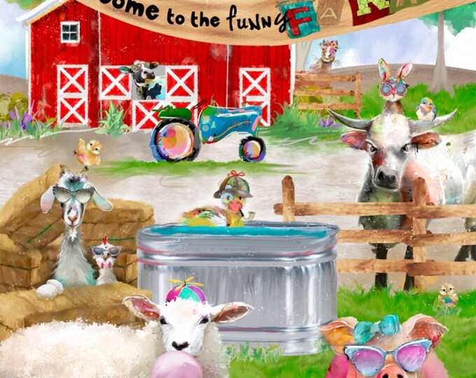 3 Wishes Welcome to the Funny Farm Multi Barn Scene Panel Fabric - 1 ...