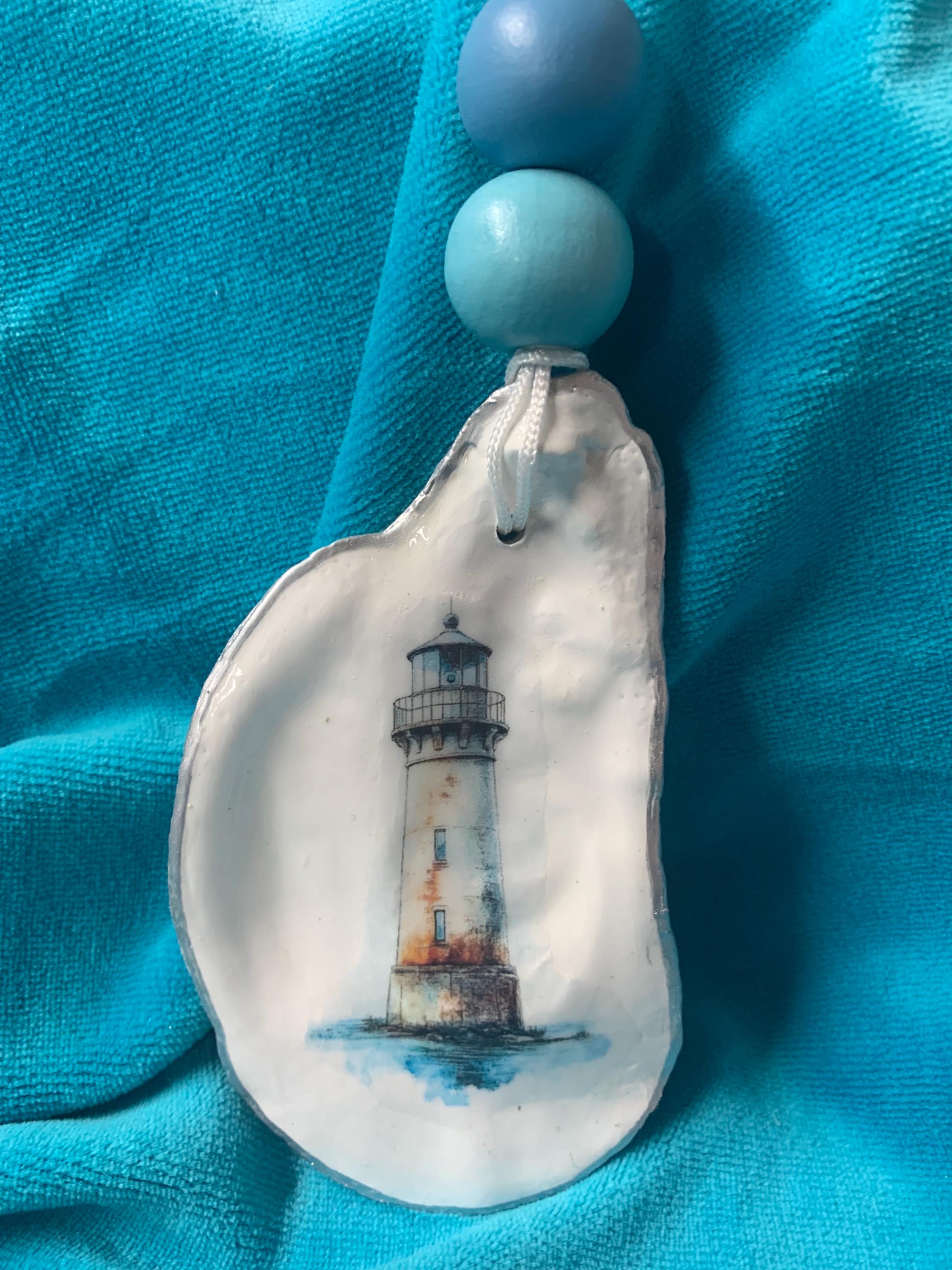 Decorative Decoupaged Oyster Shell Lighthouse Art Trinket Ornament ...