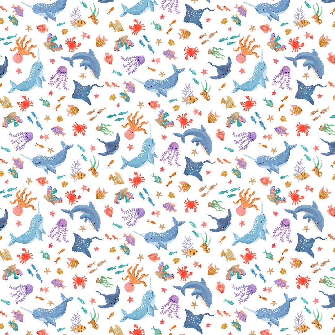 Timeless Treasures Sea Friends White Tossed Ocean Animals Fabric 32 ...
