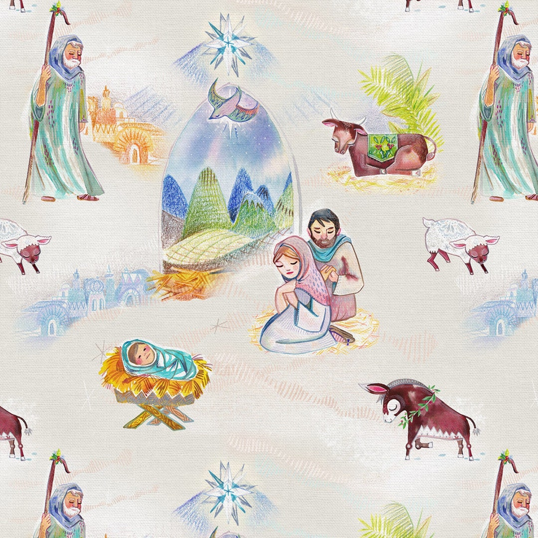 Paintbrush Studio Christmas Peace Midcentury Nativity Christmas Fabric ...