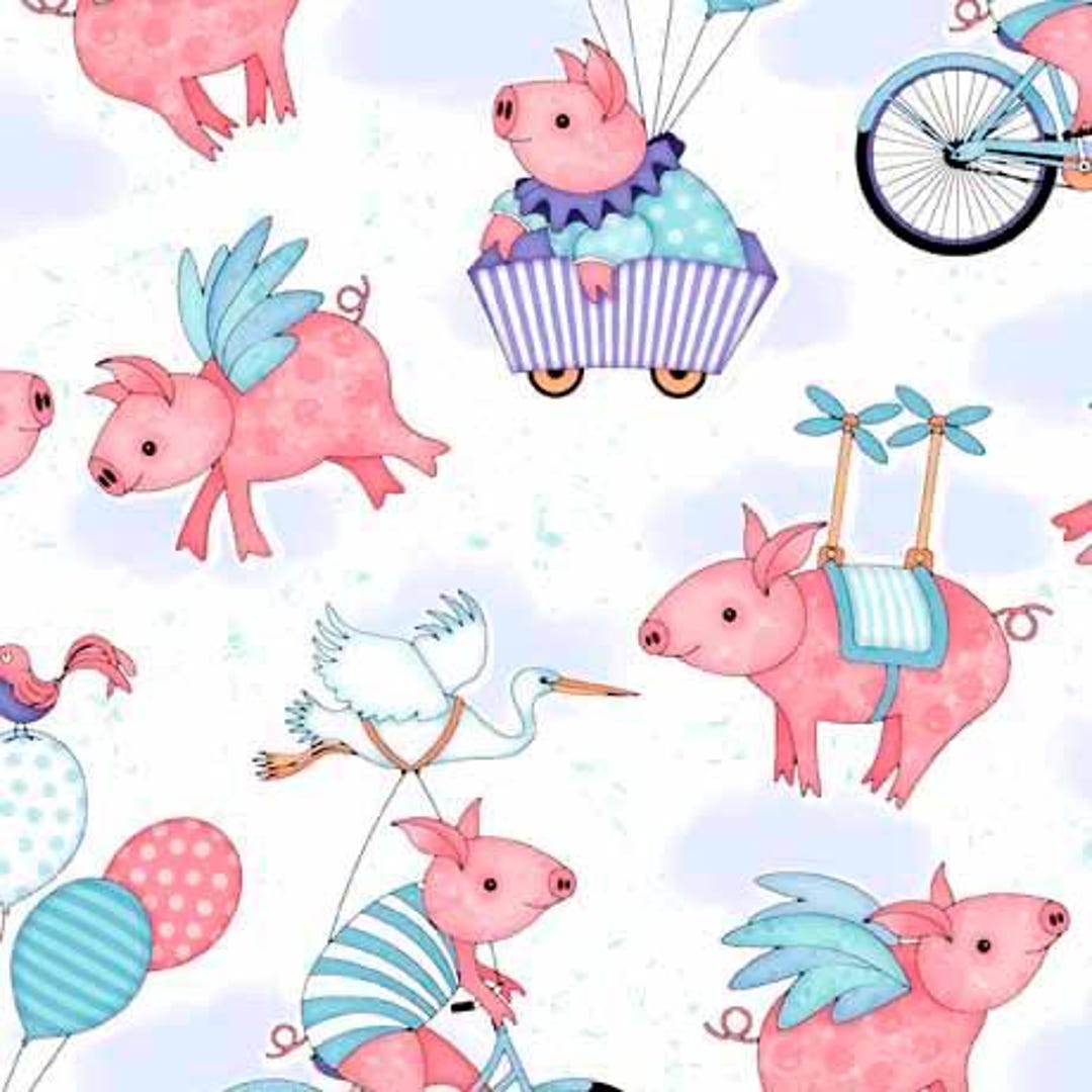 Quilting Treasures When Pigs Fly White Flying Pigs & Bicycles Fabric ...