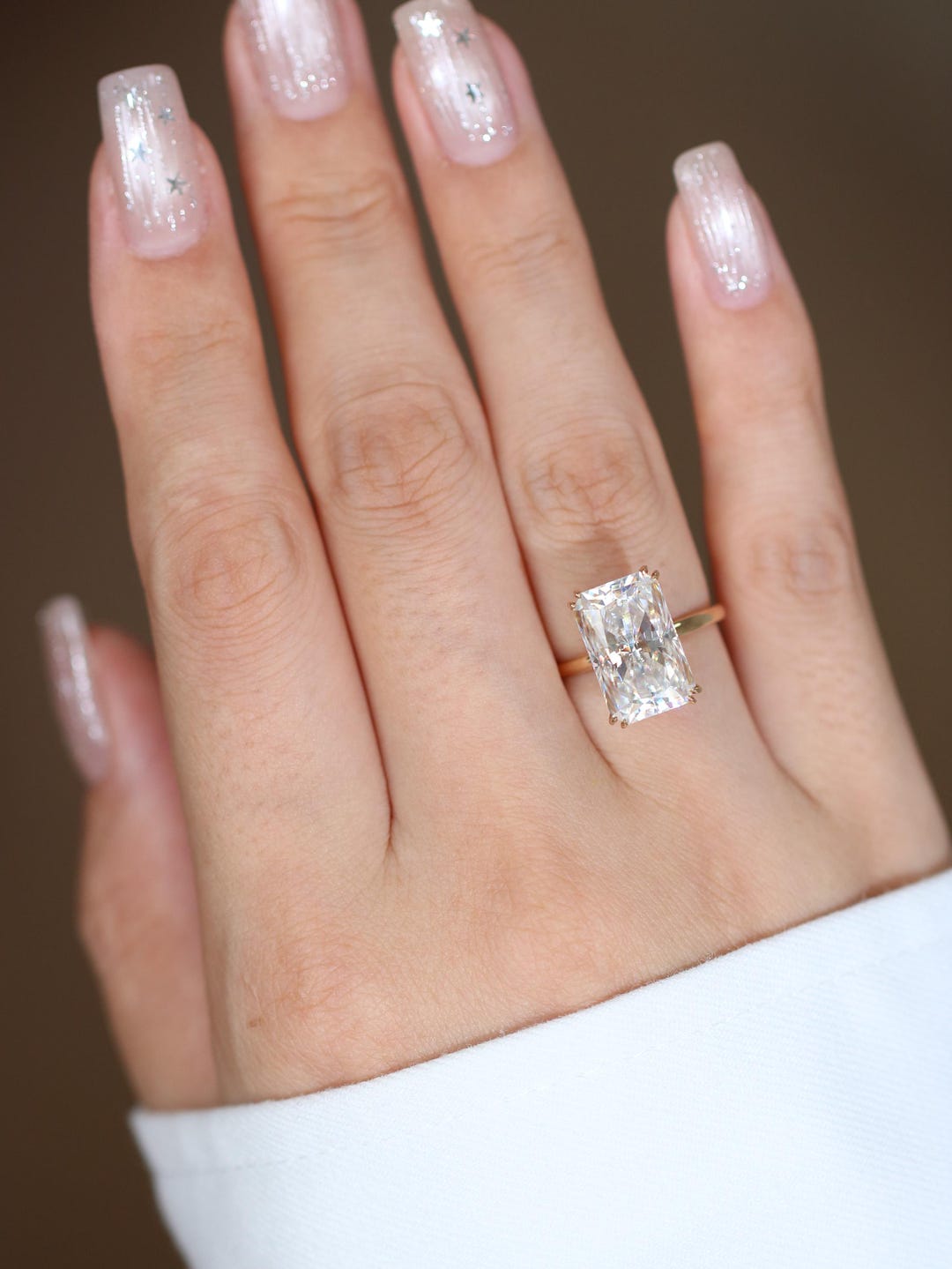 14K Solid Gold Rectangle Solitaire Radiant Cut Hidden Halo Engagement ...