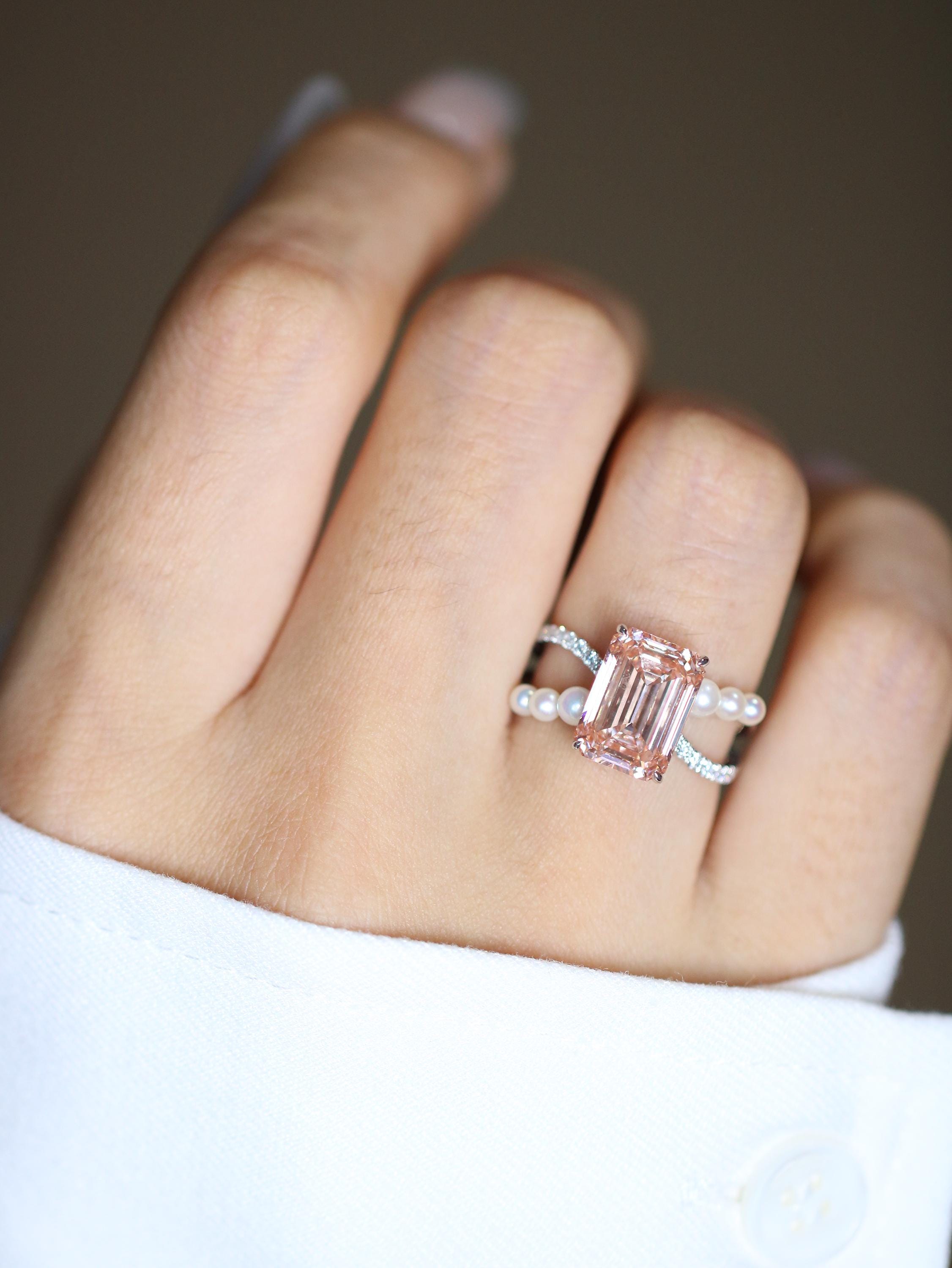 5CT Emerald Pink Lab Grown Diamond Engagement Ring,pearl Accent ...