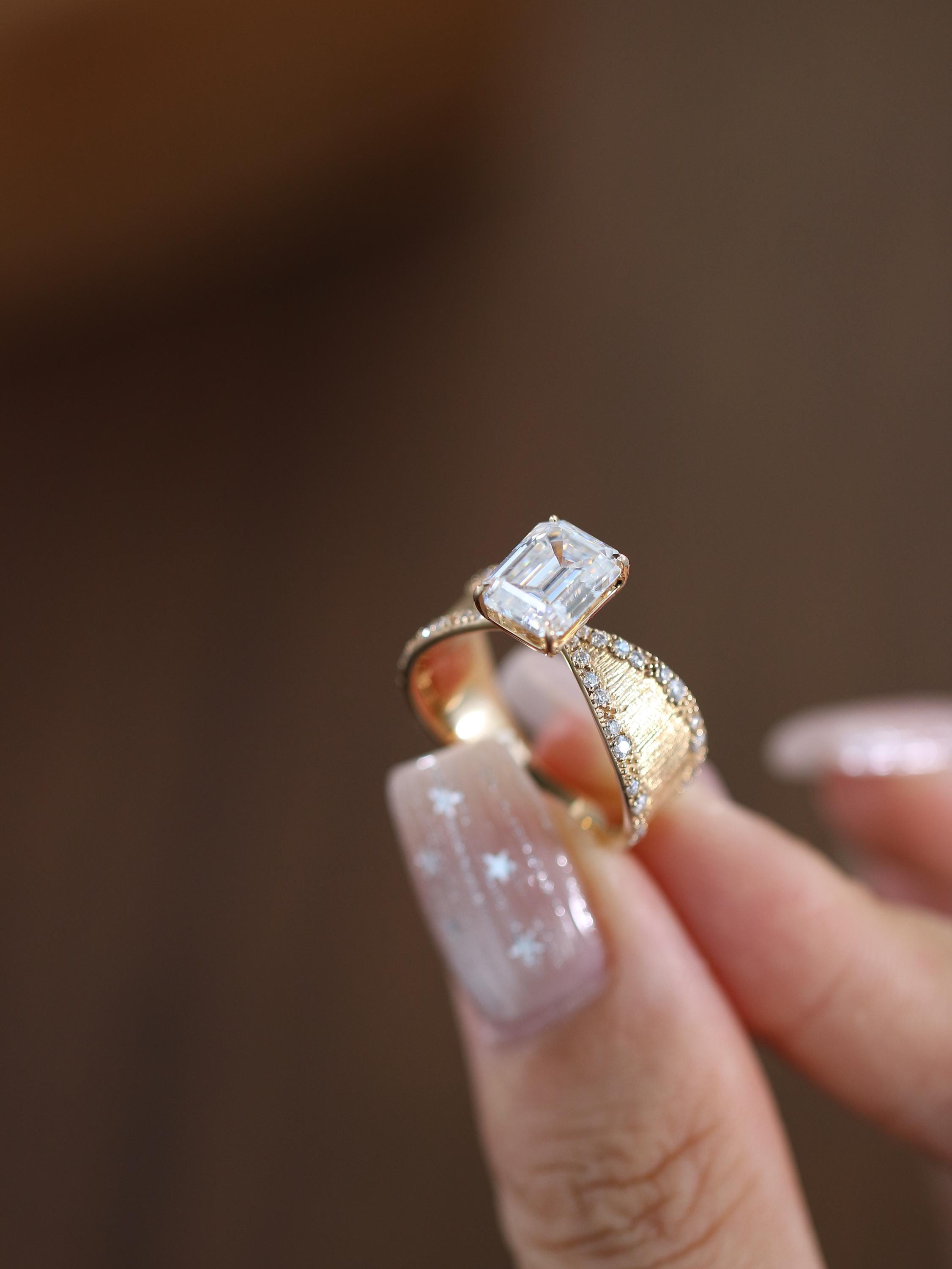 Vintage 3CT Rectangle Brushed Wide Band Solitaire Engagement Ring ...