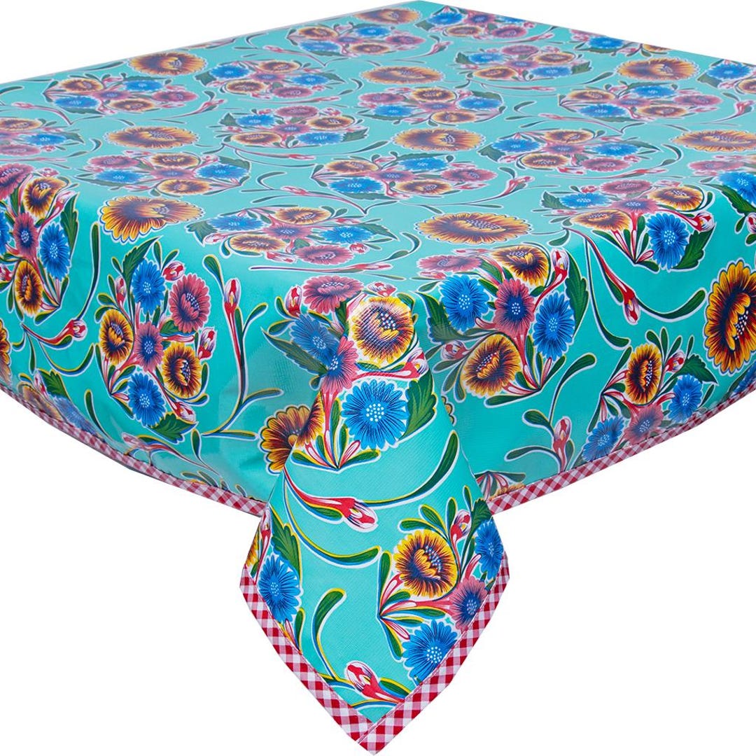 Bloom Aqua Rectangular Oilcloth Tablecloth With Red Gingham Trim - Etsy