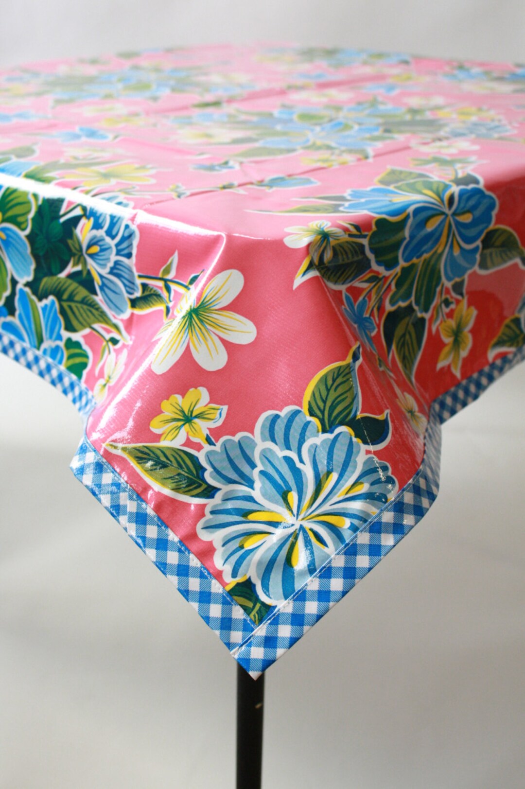 Rectangle Hawaii Pink Oilcloth Tablecloths With Blue Gingham Trim - Etsy