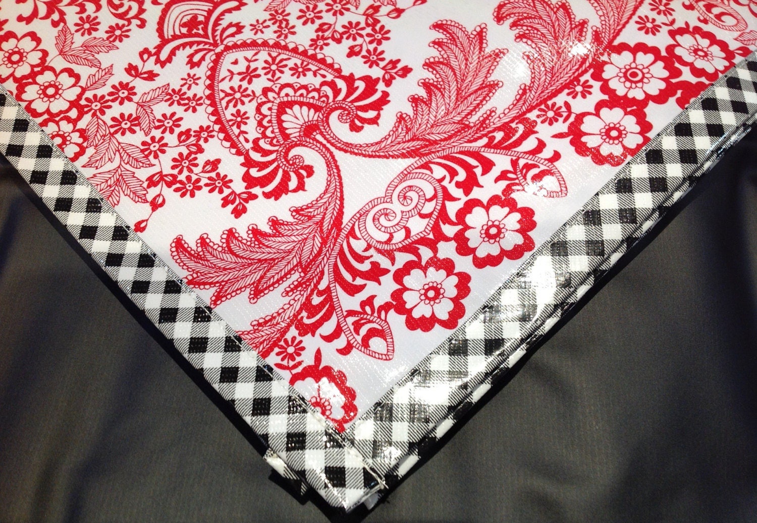 Square Toile Red Oilcloth Tablecloths With Black Gingham Trim - Etsy