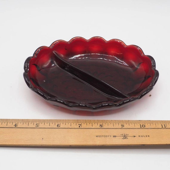 Vintage Ruby Red Glass Divided Candy Dish - Gem