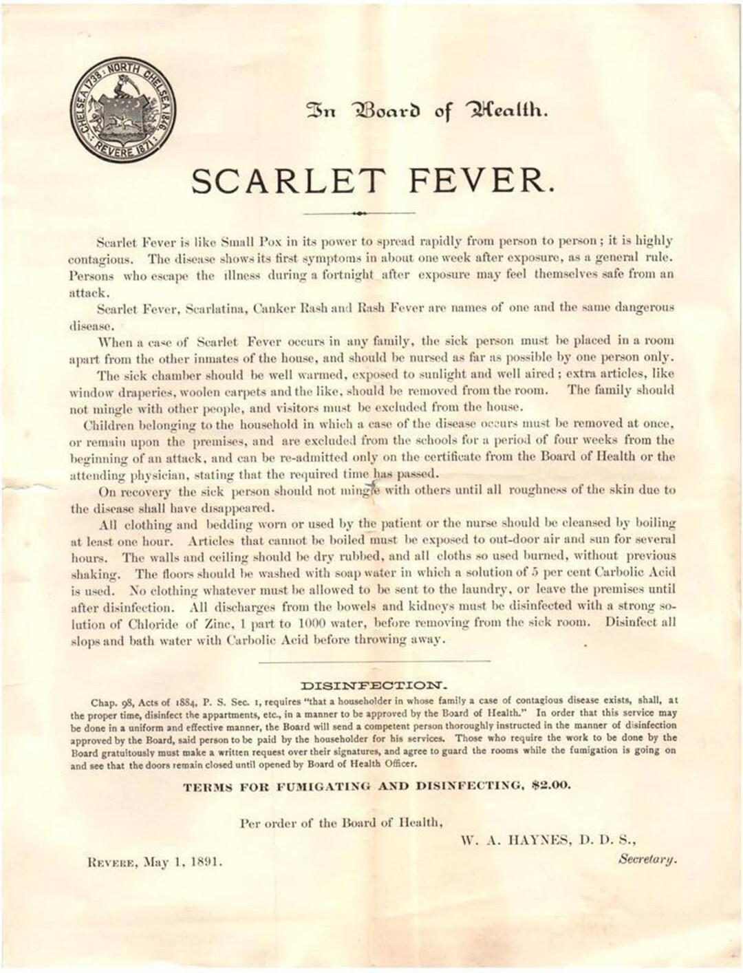 Antique Scarlet Fever Small Pox Informational Letter Revere ...