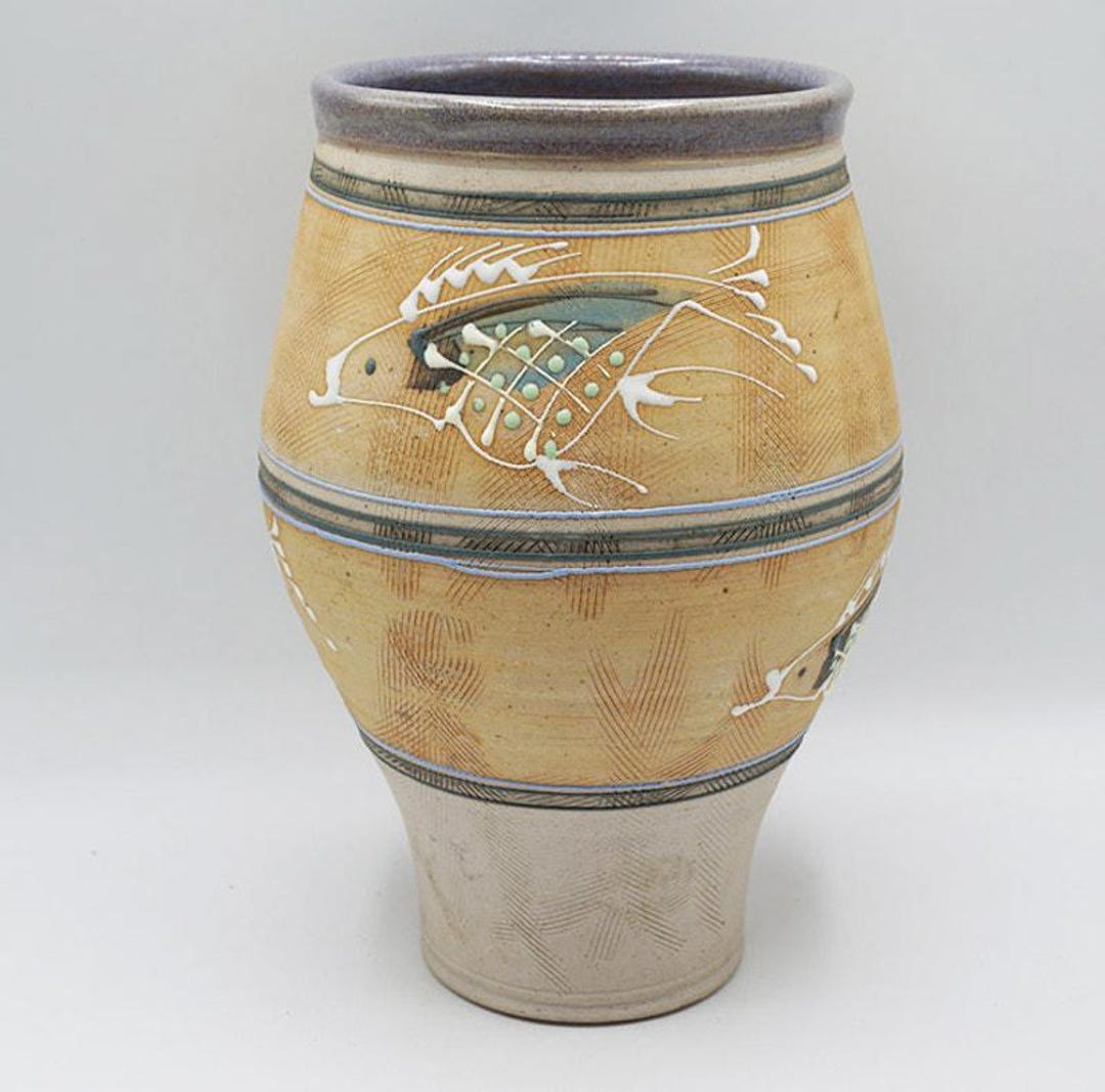 Fish Theme Glazed Pottery Vessel Vase Hand Made 11" - Etsy