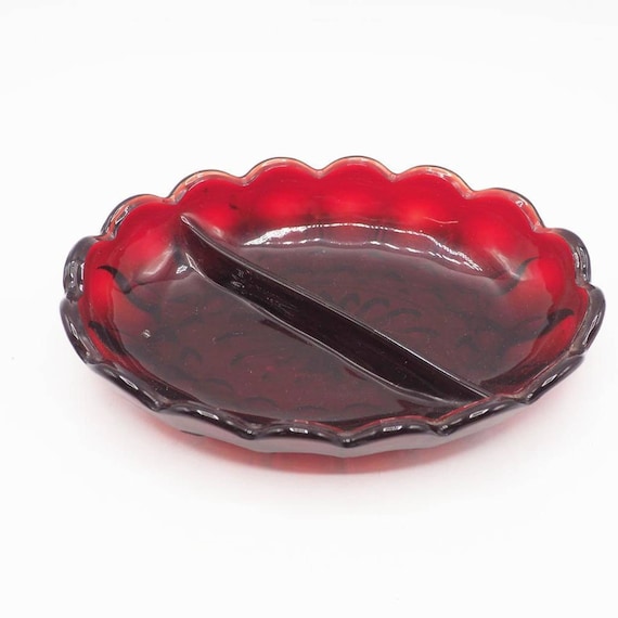 Vintage Ruby Red Glass Divided Candy Dish - Gem