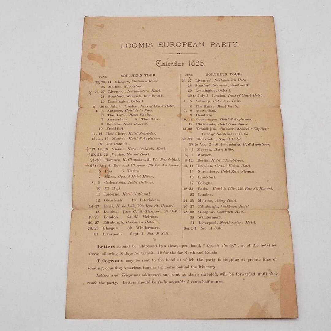 Antique Itinerary Calendar Loomis European Party Passenger Ship 1886 - Etsy