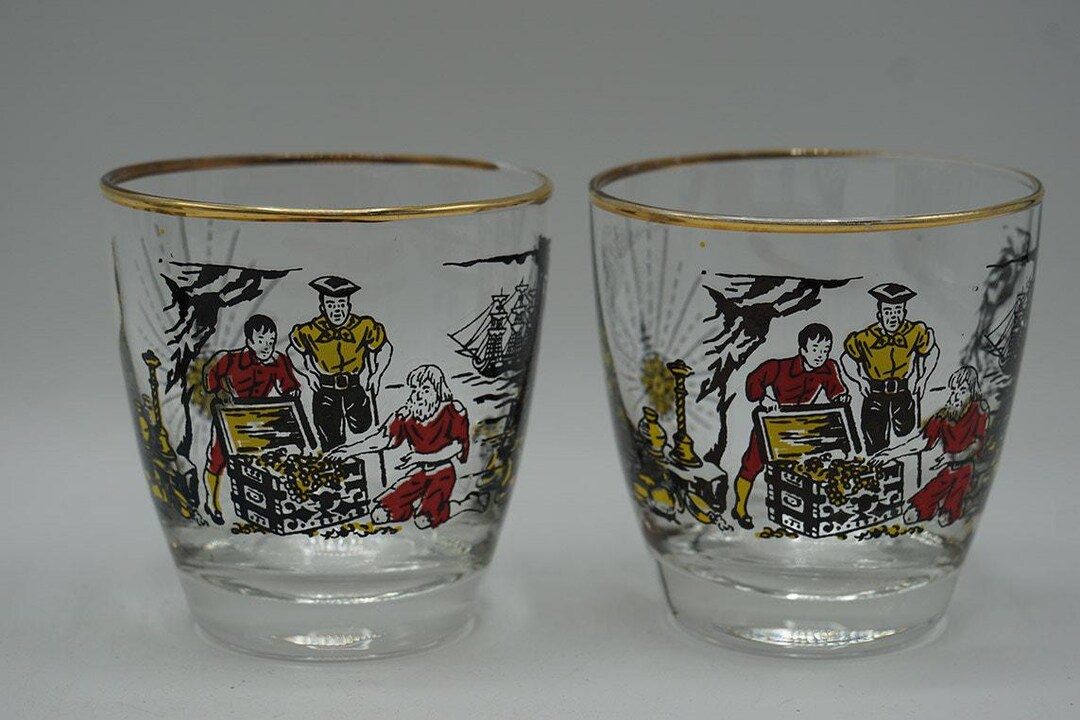 Libbey Set 2 Treasure Island Pirates 3 1/2 High Glasses Bar Low Ball ...