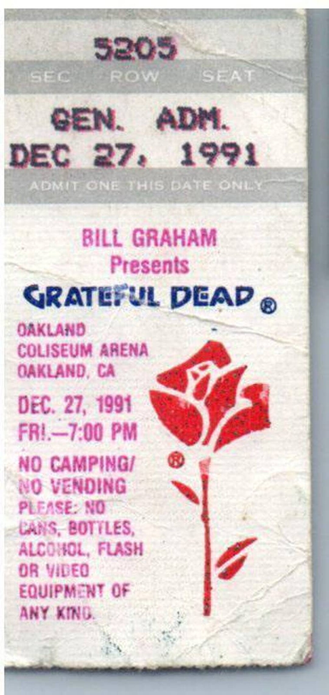 Grateful Dead Mail Away Concert Ticket Stub December 27 1991 Oakland ...
