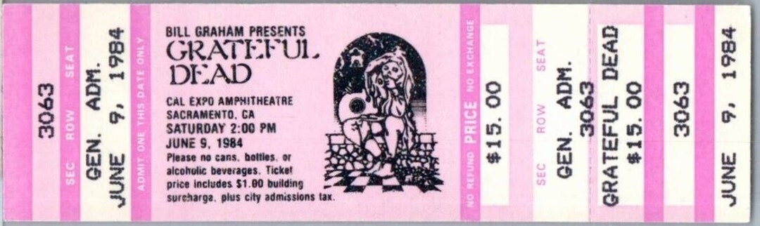 Grateful Dead Mail Away Untorn Ticket Stub June 9 1984 Sacramento ...