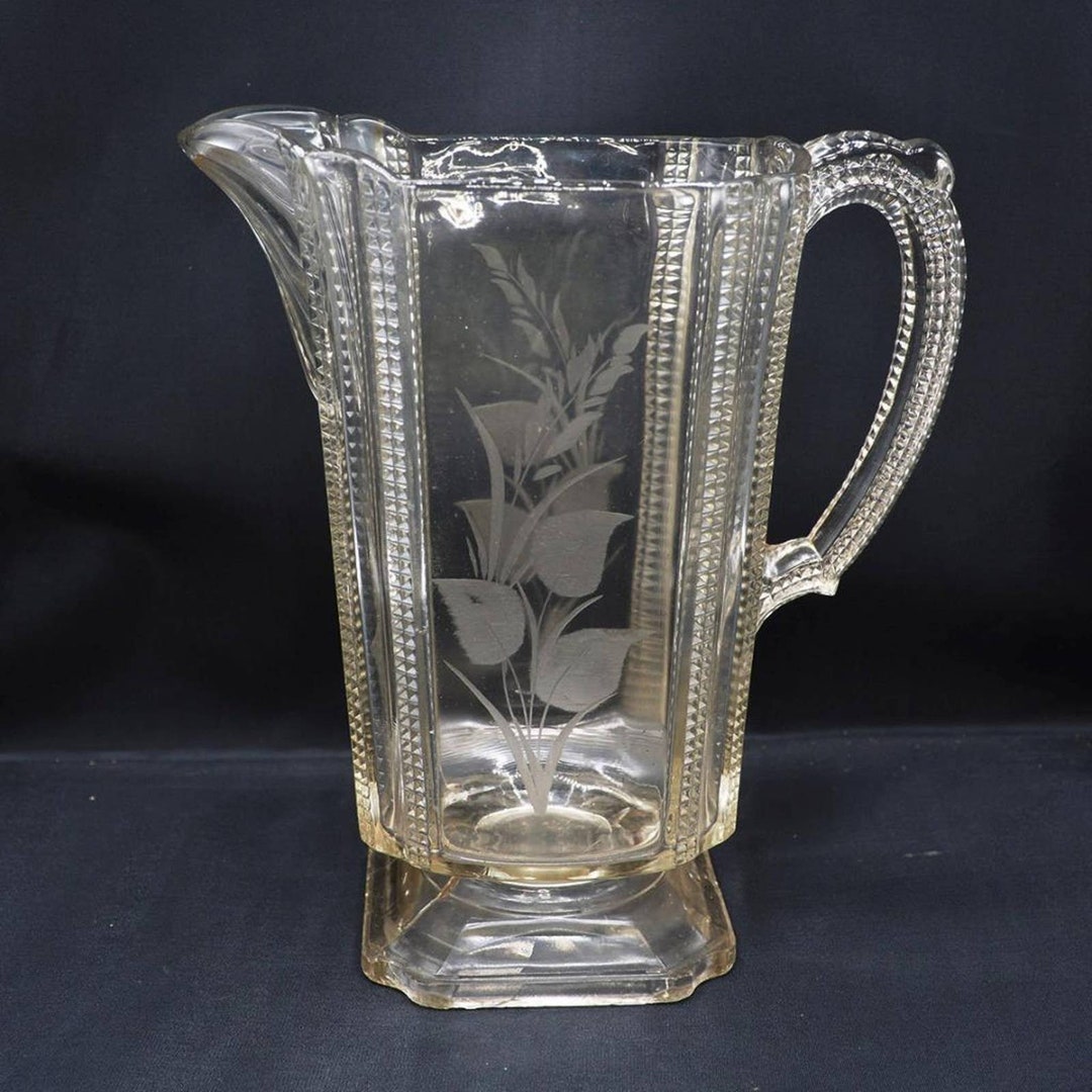 EAPG Antique Elegant Glass Pitcher Square Etched Footed - Etsy