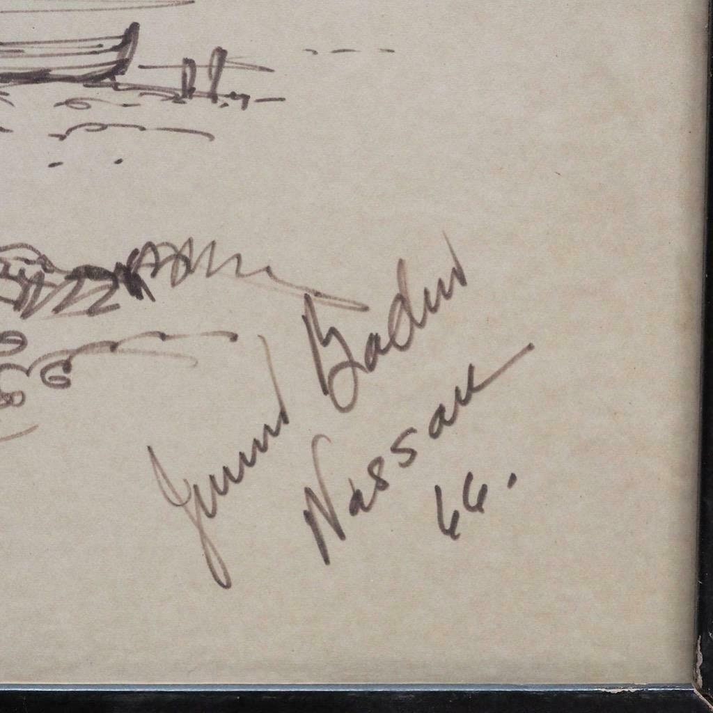 Vintage Framed Drawing Mid Century Nassau Bahamas Fishing on Beach ...