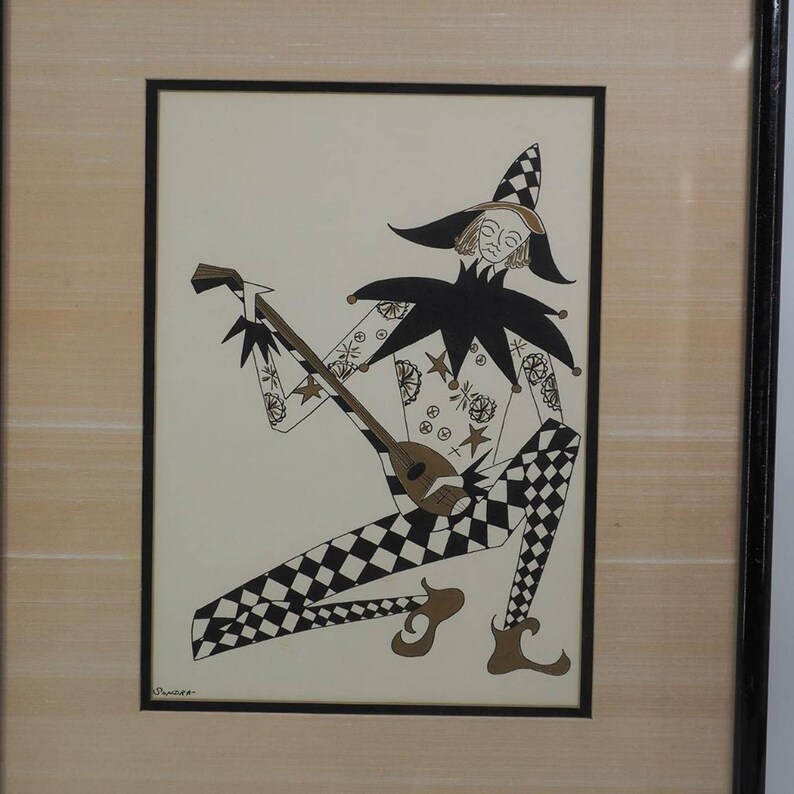 Vintage Mid Century Modern Pen Ink Jester Mandolin Drawing Signed ...