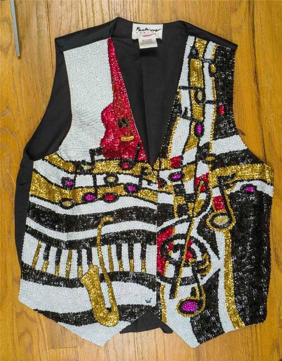 1990's Fashion Vest Sequin Beaded Jazzfest Musical Ho… - Gem