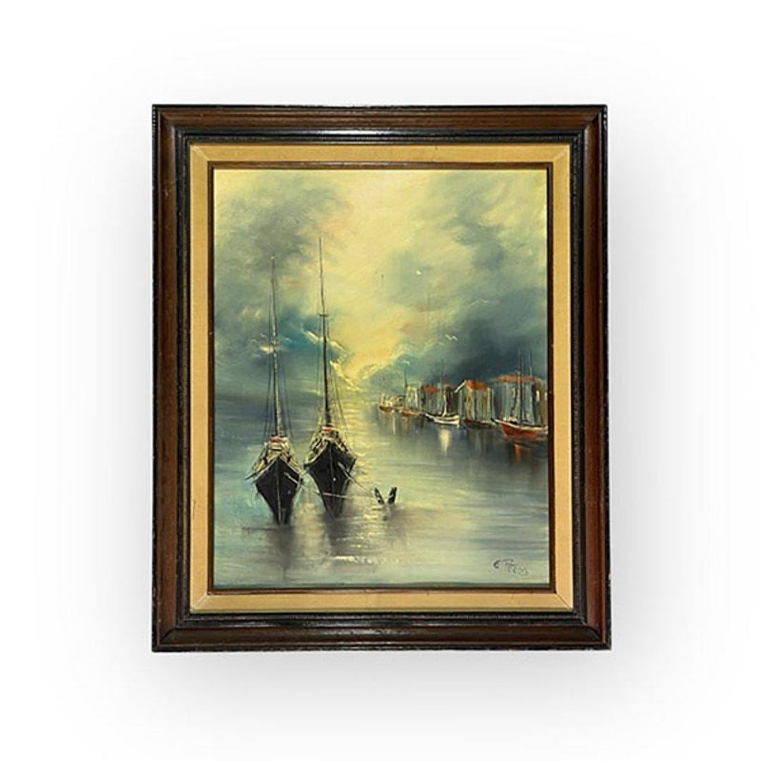 George Petridis Original Oil on Canvas Ships in Harbor Framed Listed Artist - Etsy