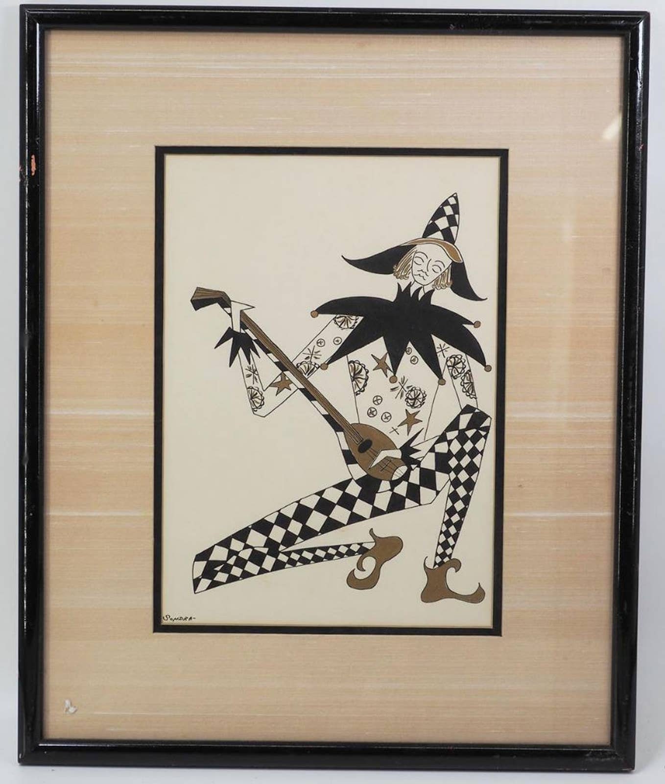 Vintage Mid Century Modern Pen Ink Jester Mandolin Drawing Signed ...