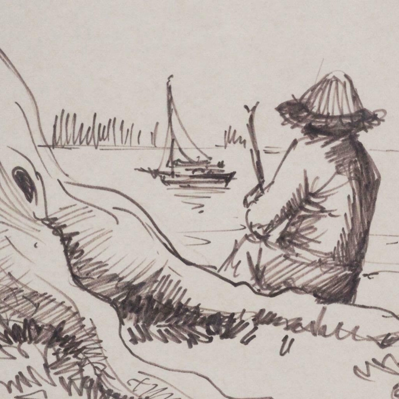 Vintage Framed Drawing Mid Century Nassau Bahamas Fishing on Beach ...