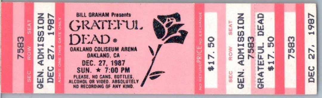 Grateful Dead Mail Away Untorn Ticket Stub December 27 1987 Oakland ...