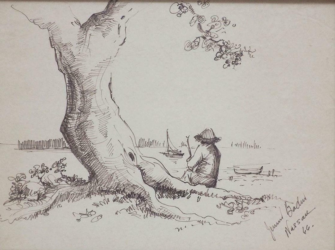 Vintage Framed Drawing Mid Century Nassau Bahamas Fishing on Beach ...
