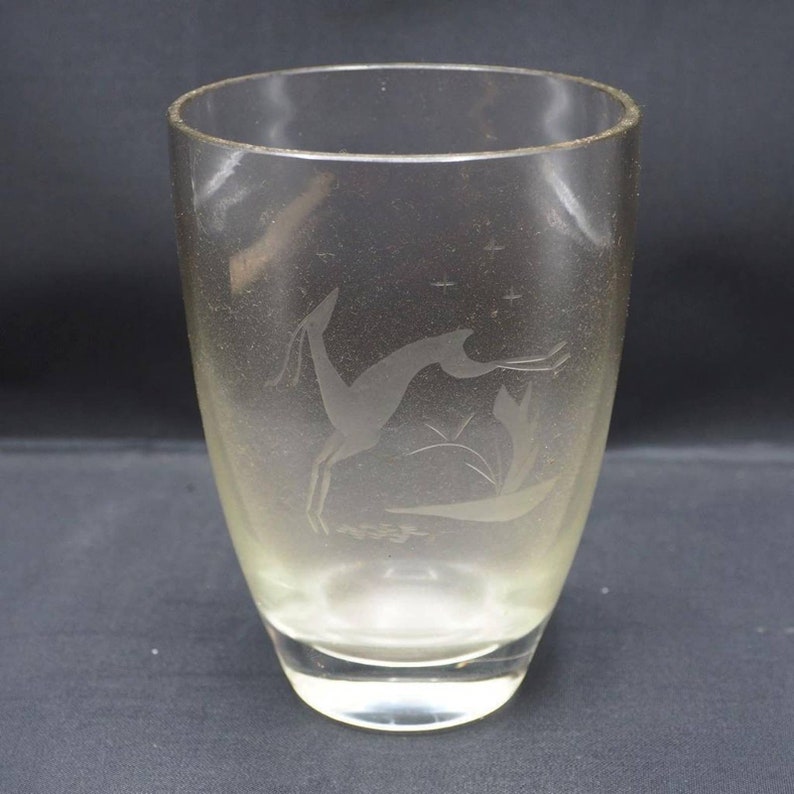 Mid Century Etched Cut Glass Vase Running Deer - Etsy