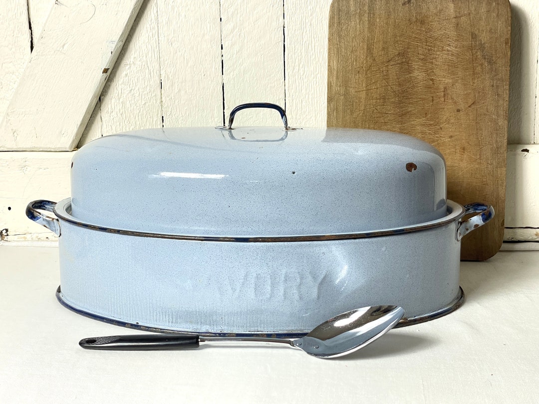 Vintage Enamel Blue Roasting Pan With Lid very Large 21.5 Inches Wide ...