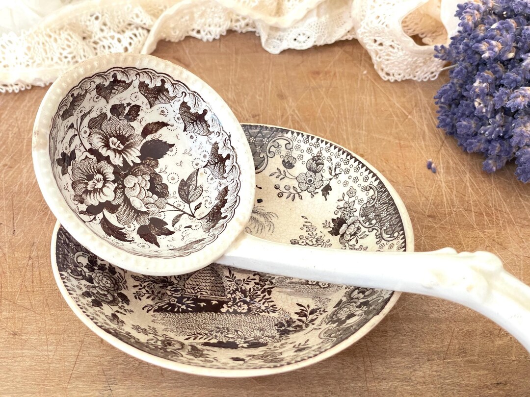 Vintage Ironstone Ladle and Dish Set: Brown Floral Farmhouse Decor - Etsy