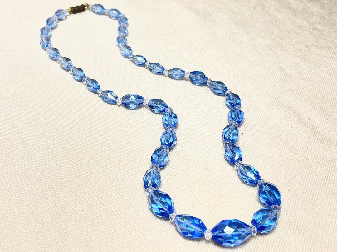 Vintage Cut Glass Beaded Blue Necklace | Vintage Blue Glass Beaded ...