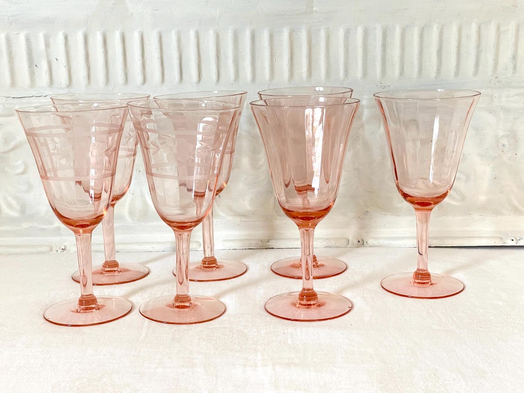 Pink Depression Glass Wine Glasses | Set of 7 Vintage Etched and Ribbed ...