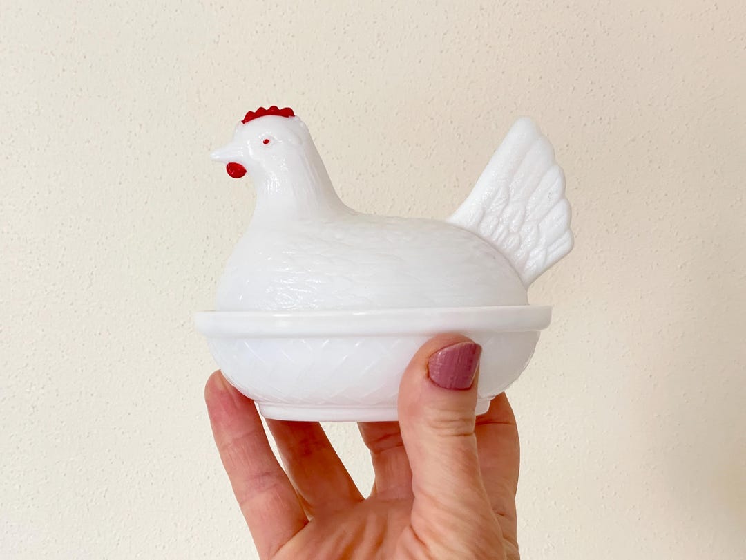 Milk Glass Chicken Dish | Chicken on a Nest Two Piece Covered Dish ...