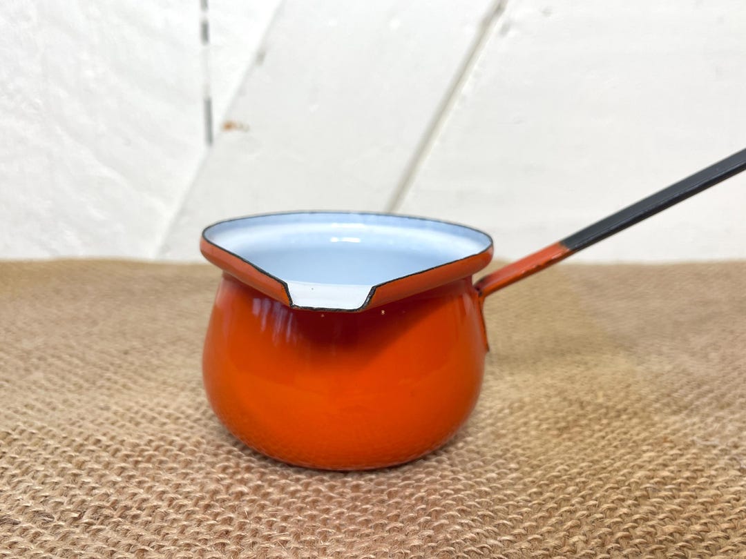 Vintage Enamel Stove Top Pot | Orange Enamel Dipper Ladle | Vintage MCM ...