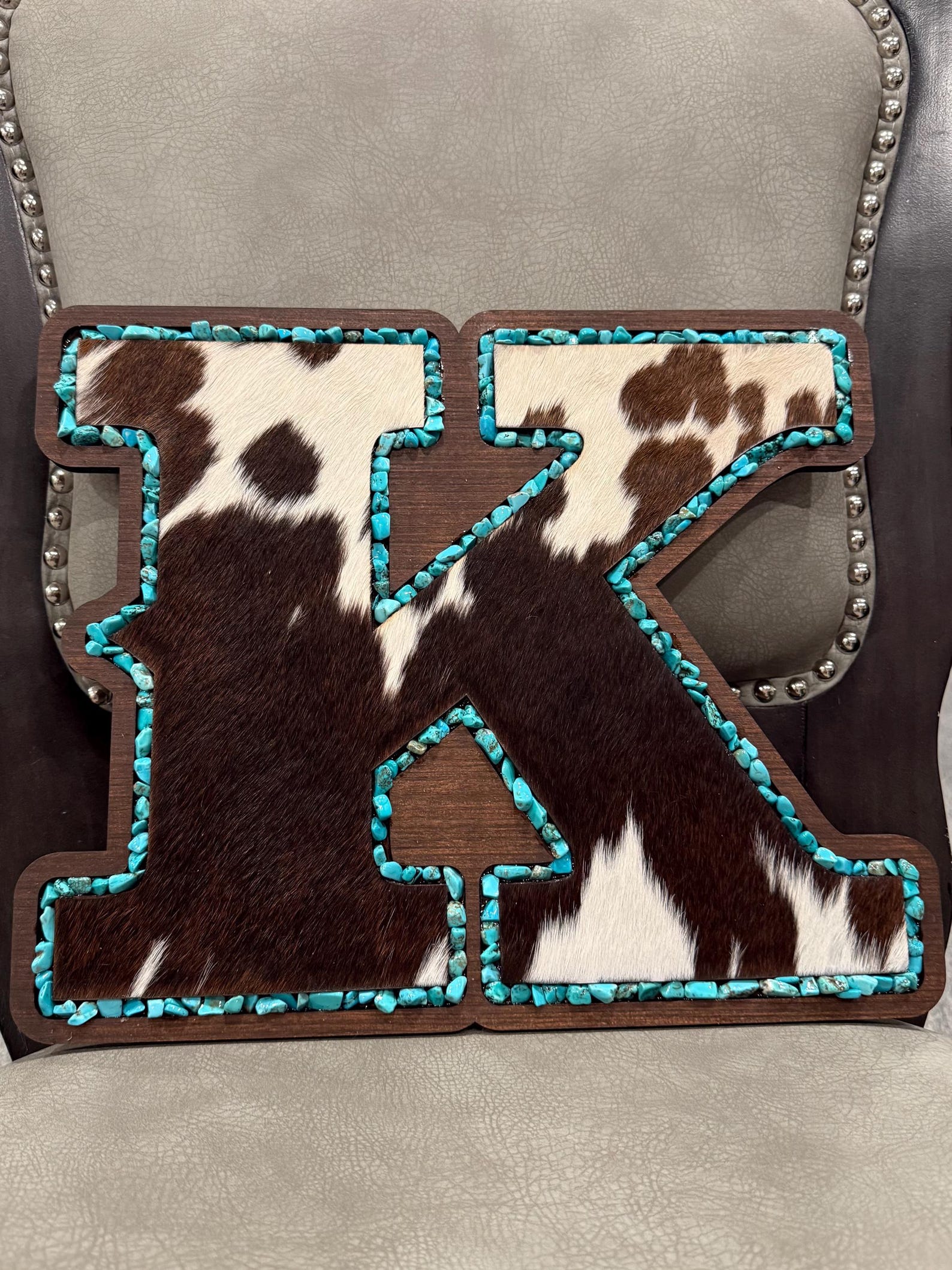 Rustic Western Cowhide and Turquoise Wooden Letter – 12” Custom Initial ...