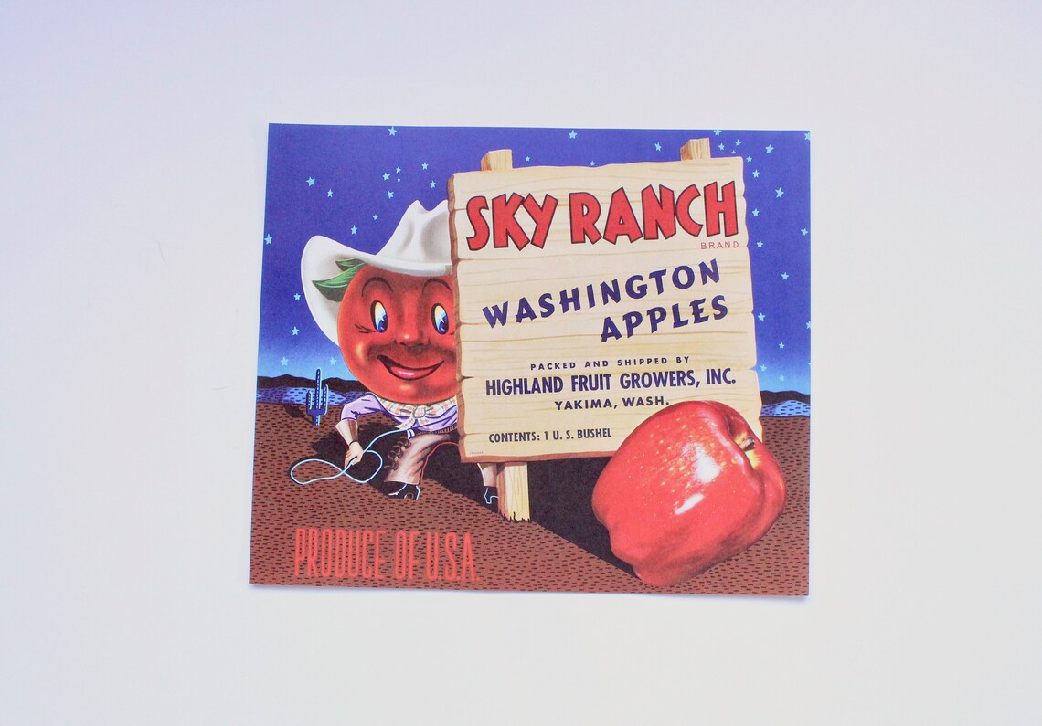 Vintage 1950's Fruit Crate Label- Sky Ranch Brand Washington Apples ...