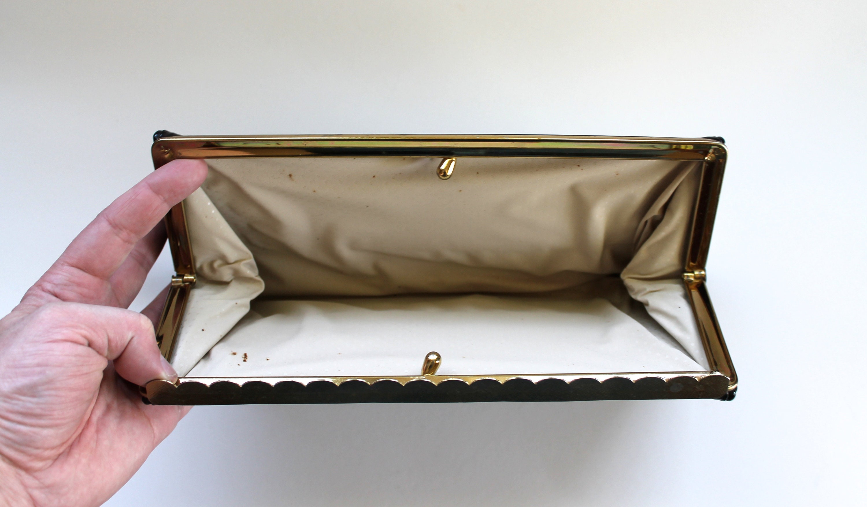Vintage 1950's/1960's Black Vinyl and Gold Clutch Purse! Cute Scalloped ...