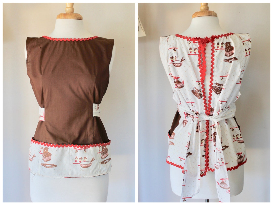 Vintage 1950's Brown and Red and Kitchen Print Smock/ Apron With Red ...