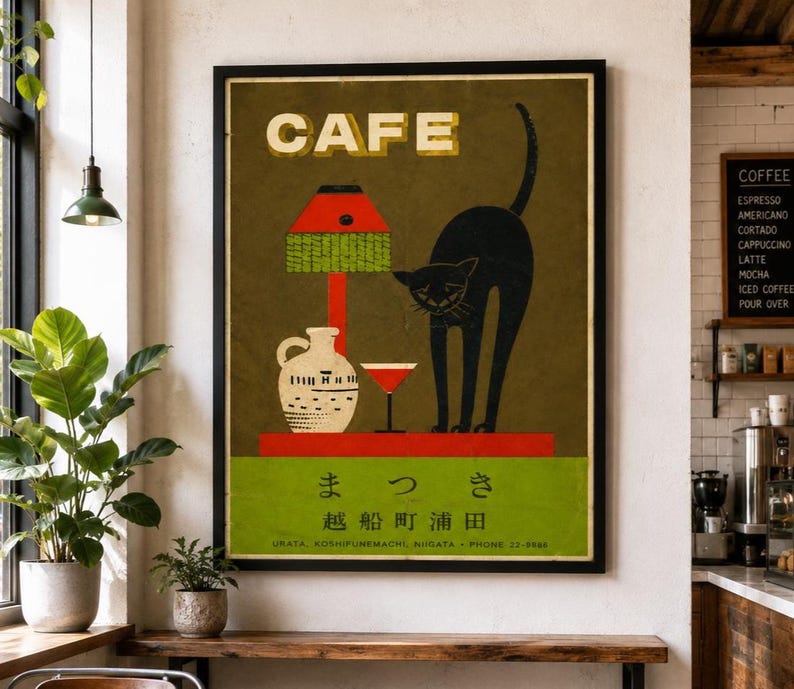 Vintage Japanese Cat Café Bar Poster – Minimalist Mid Century Print ...