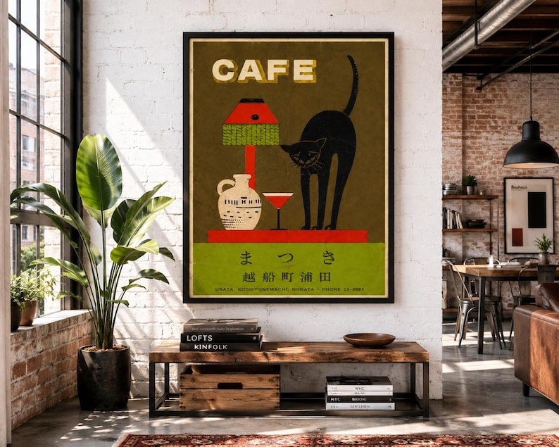 Vintage Japanese Cat Café Bar Poster – Minimalist Mid Century Print ...