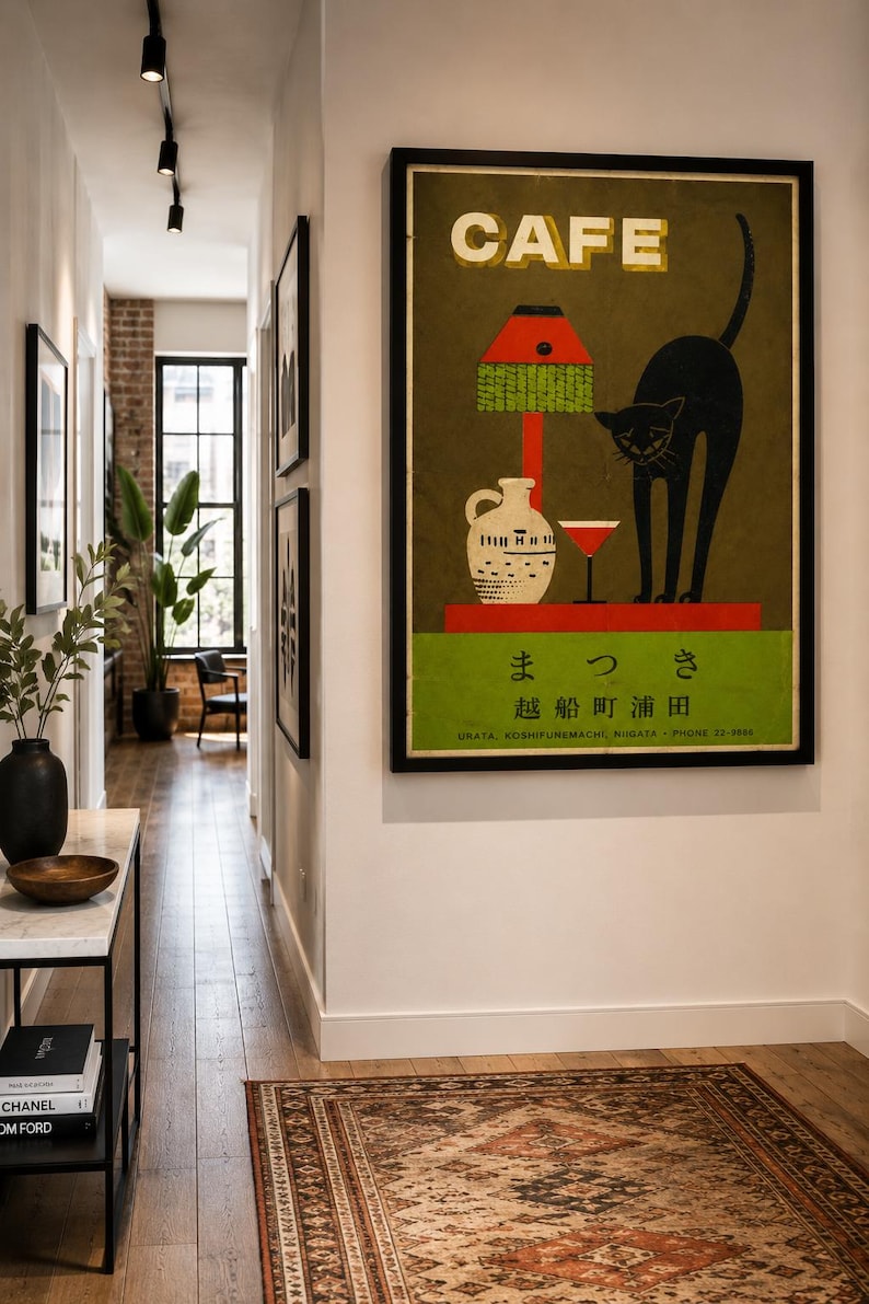 Vintage Japanese Cat Café Bar Poster – Minimalist Mid Century Print ...