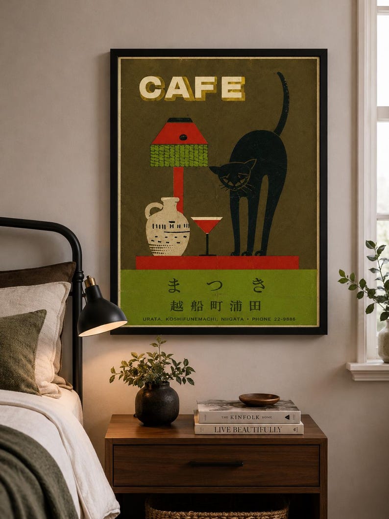 Vintage Japanese Cat Café Bar Poster – Minimalist Mid Century Print ...