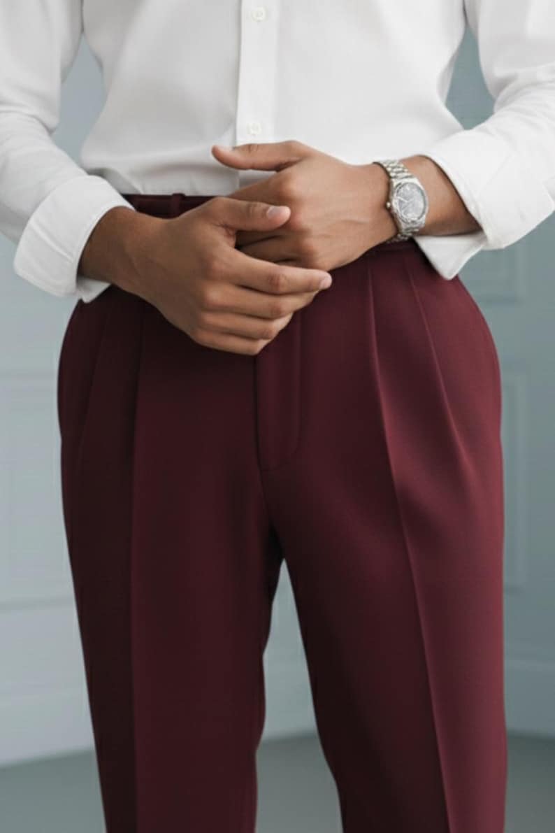 Men’s Burgundy High Waist Pleated Trousers | Tailored Dress Pants With ...