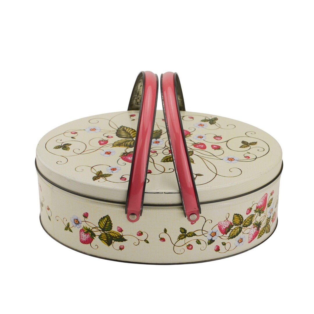 Vintage Oval Tin With Pink Handles & Strawberry Floral Design - Etsy